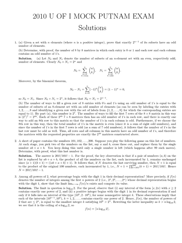 2010 U of I Mock Putnam Exam Solutions | Download Free PDF | Sequence ...
