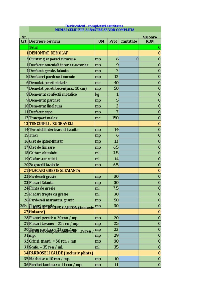 Calcul Deviz | PDF