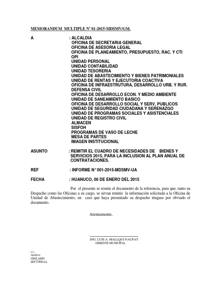 Memorandum Multiple #01 - Diversas Oficinas - Cuadro de Necesidades | PDF
