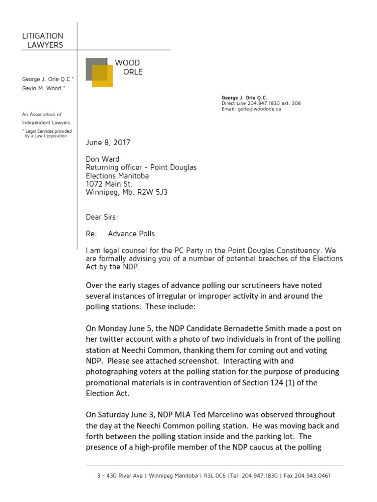 PC's Letter To Elections Manitoba | PDF | Polling Place | Group ...