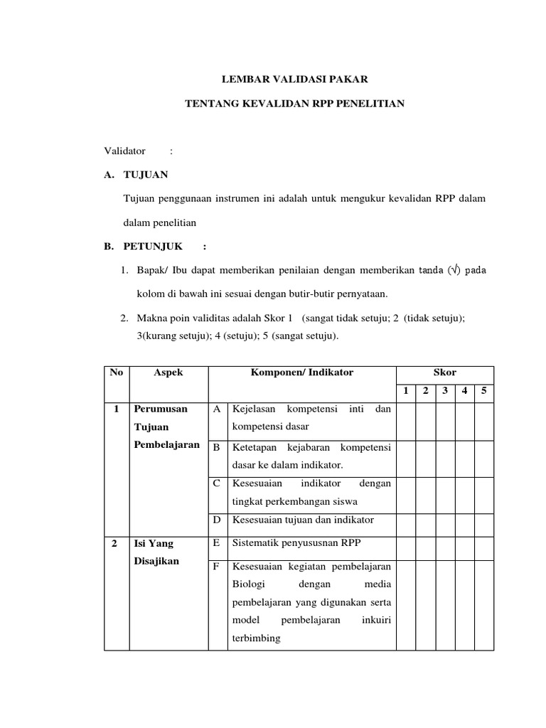 Lembar Validasi Pakar RPP | PDF