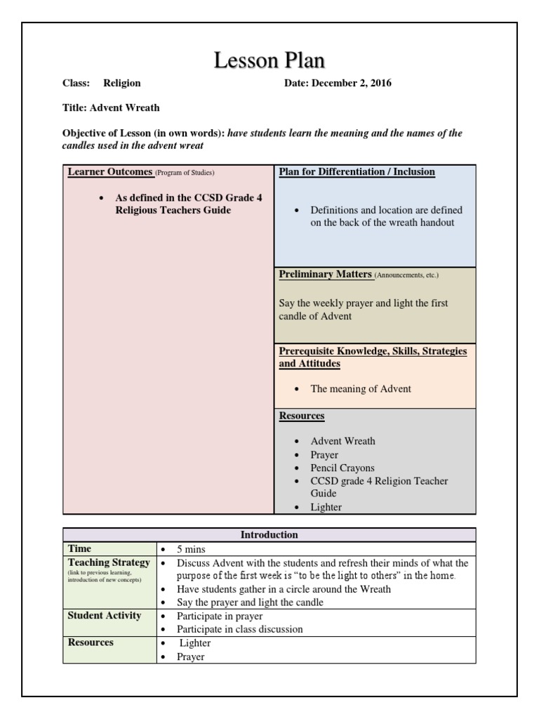 Advent Wreath Lesson Plan for Grade 4 | PDF | Educational Assessment ...