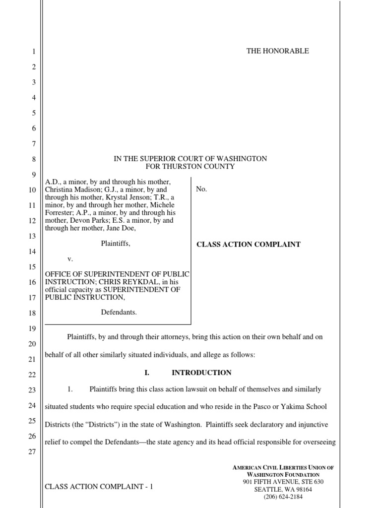 Class Action Complaint: A C L U W F | PDF | Special Education ...