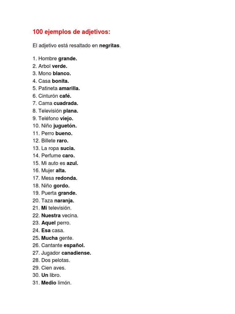 100 Ejemplos de Adjetivos | PDF | Ocio | Alimentos