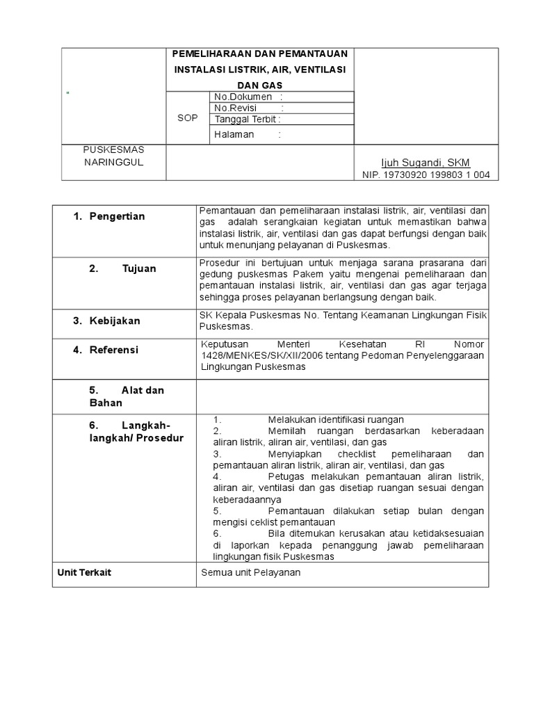 8.5.1 Sop Pemeliharaan Dan Pemantauan Instalasi Listrik, Air, Ventilasi Gas Dan Sistem Lainnya | PDF