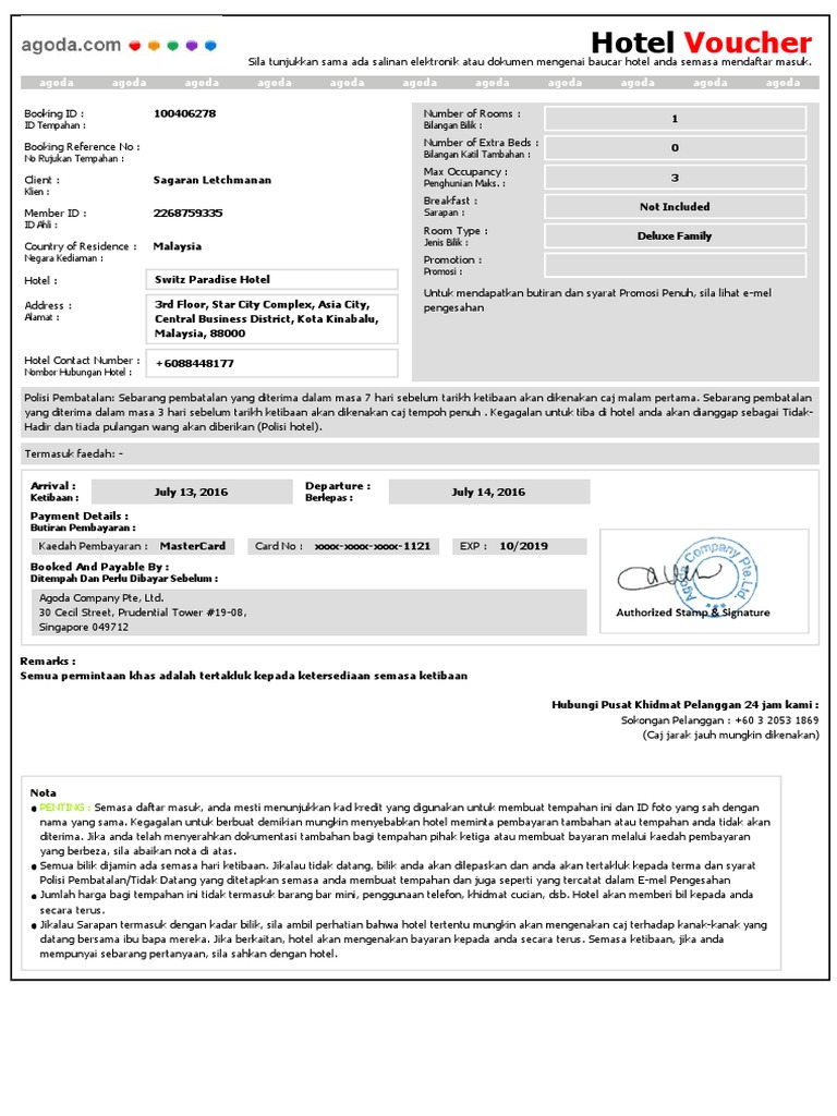 Confirmation For Booking ID # 100406278 Check-In July 13 2016 | PDF