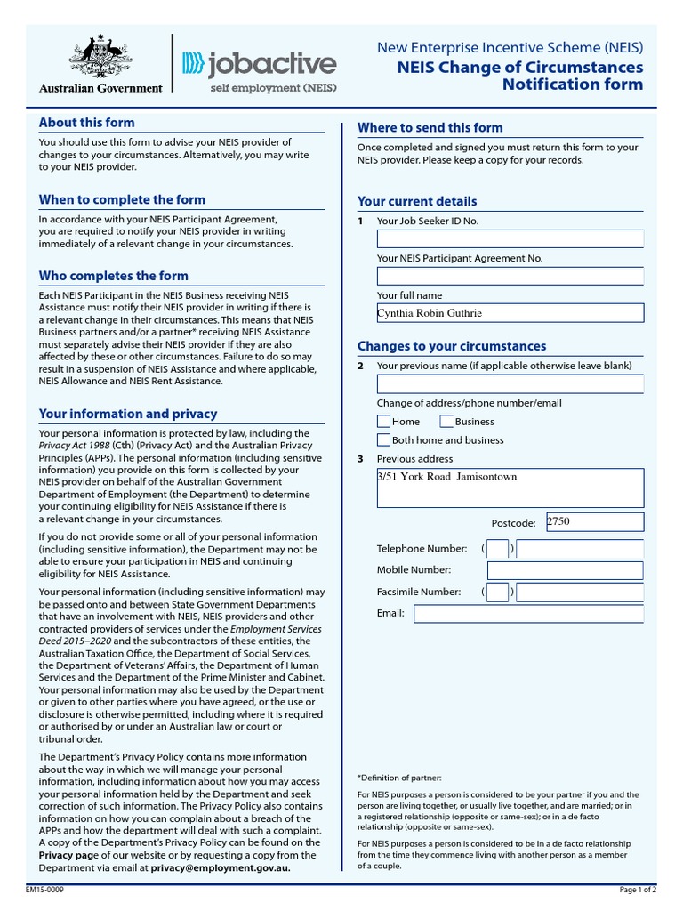 NEIS Change of Circumstances Notification Form | Privacy | Personally ...