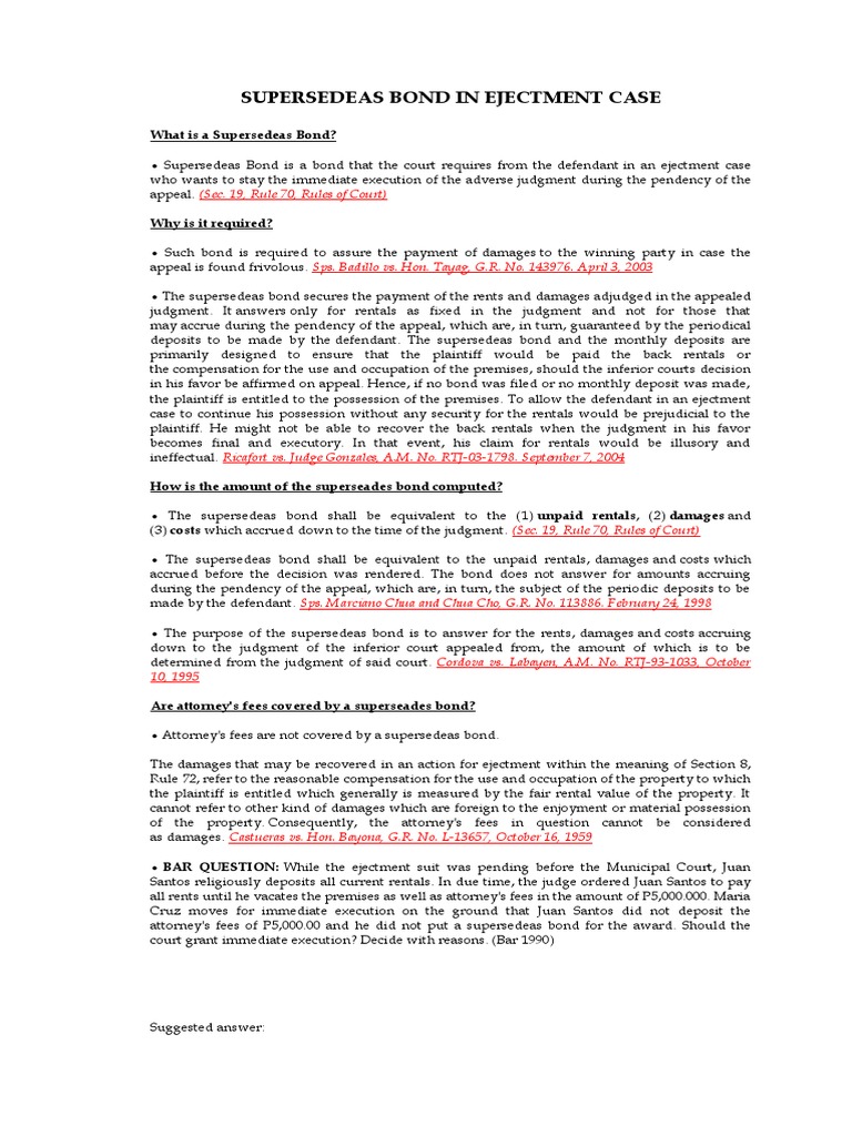 Supersedeas Bond in Ejectment Case | PDF | Supersedeas Bond | Judgment (Law)