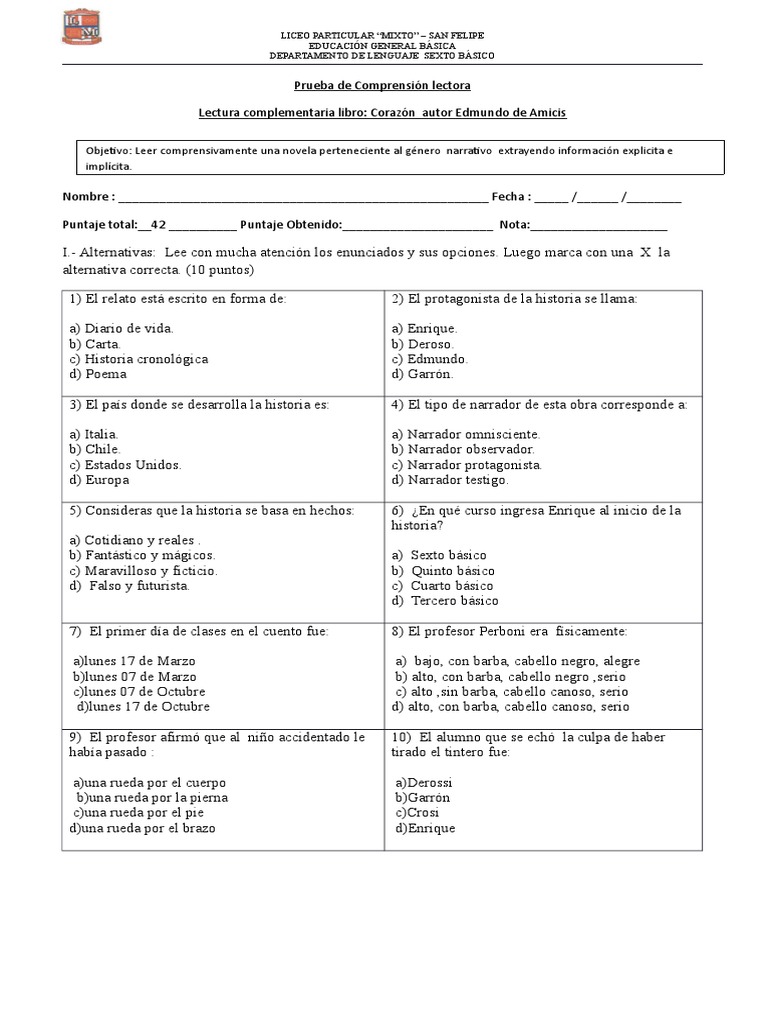 Prueba de Comprensión Lectora: "Corazón" | PDF | Narración | Lectura ...