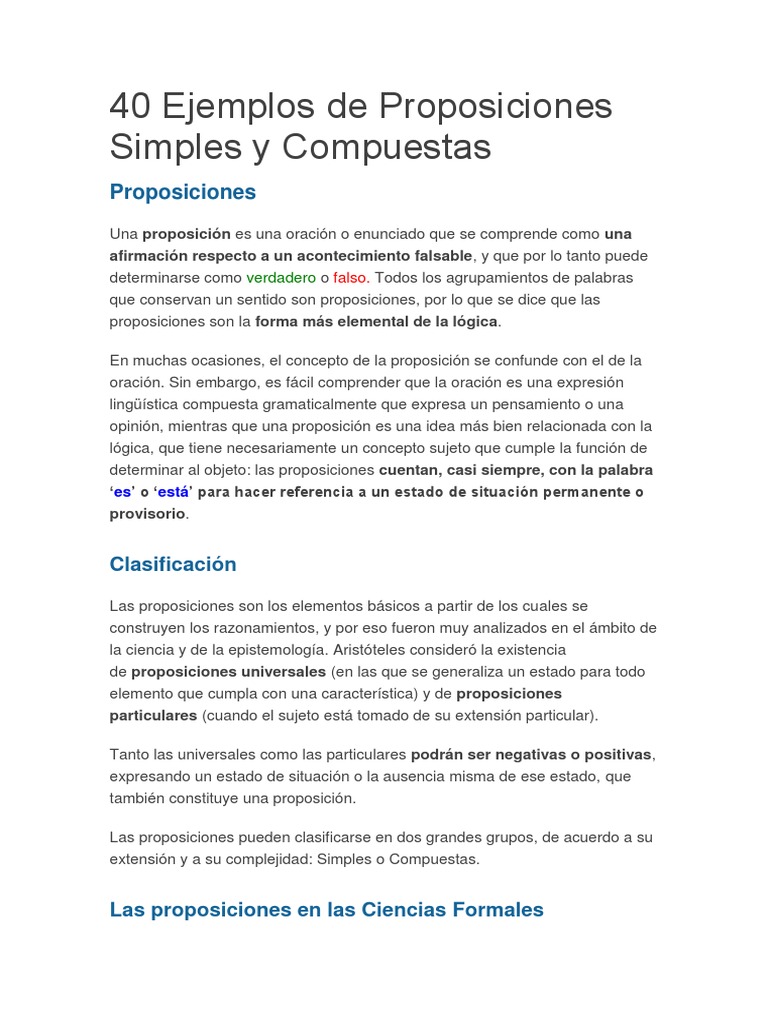 40 Ejemplos de Proposiciones Simples y Compuestas | PDF | Proposición | Lógica