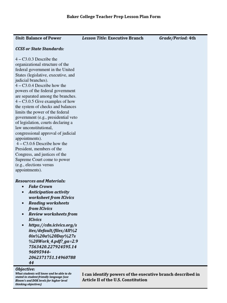 4th Grade Executive Branch Lesson | PDF | Federal Government Of The ...
