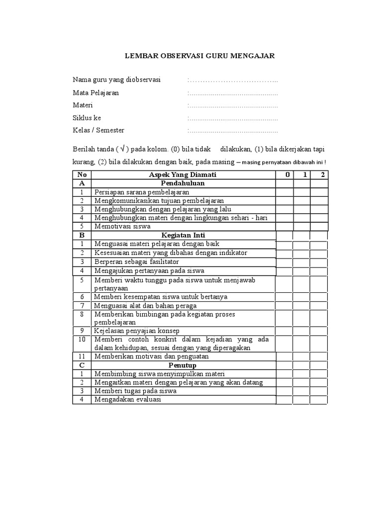 Lembar Observasi Guru Mengajar | PDF