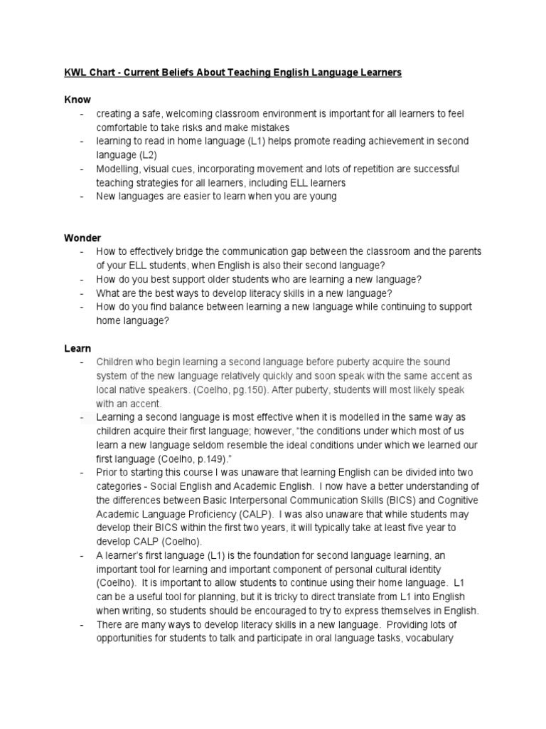 Kwlchart | PDF | Second Language | First Language