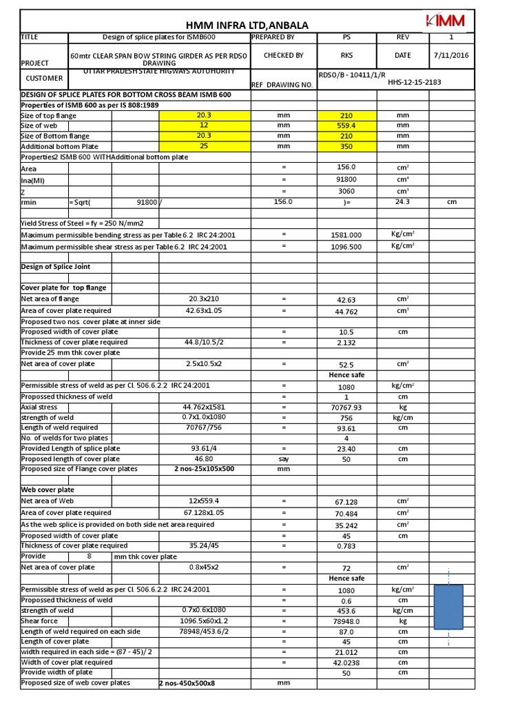 Ismb 600 Splice Design Calculation-R1 | PDF | Bending | Materials Science