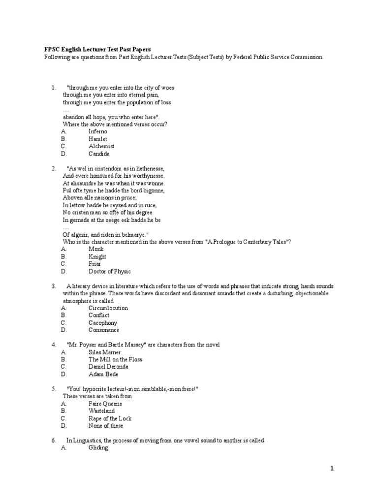 FPSC English Lecturer Test Past Papers | PDF | English Literature | Poetry