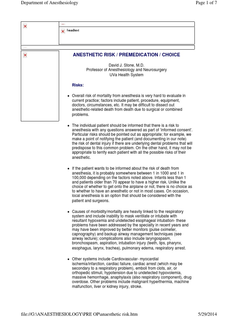 Anaesthetic Risk - HTM | PDF | Anesthesia | Surgery