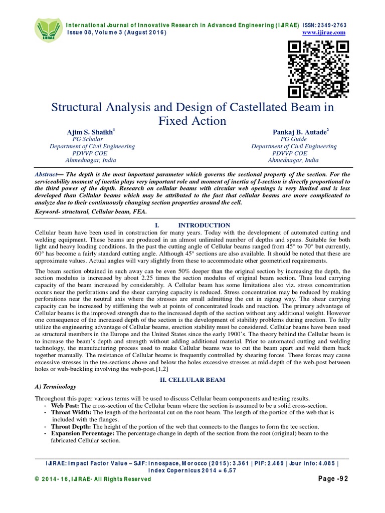Structural Analysis and Design of Castellated Beam in Fixed Action PDF ...