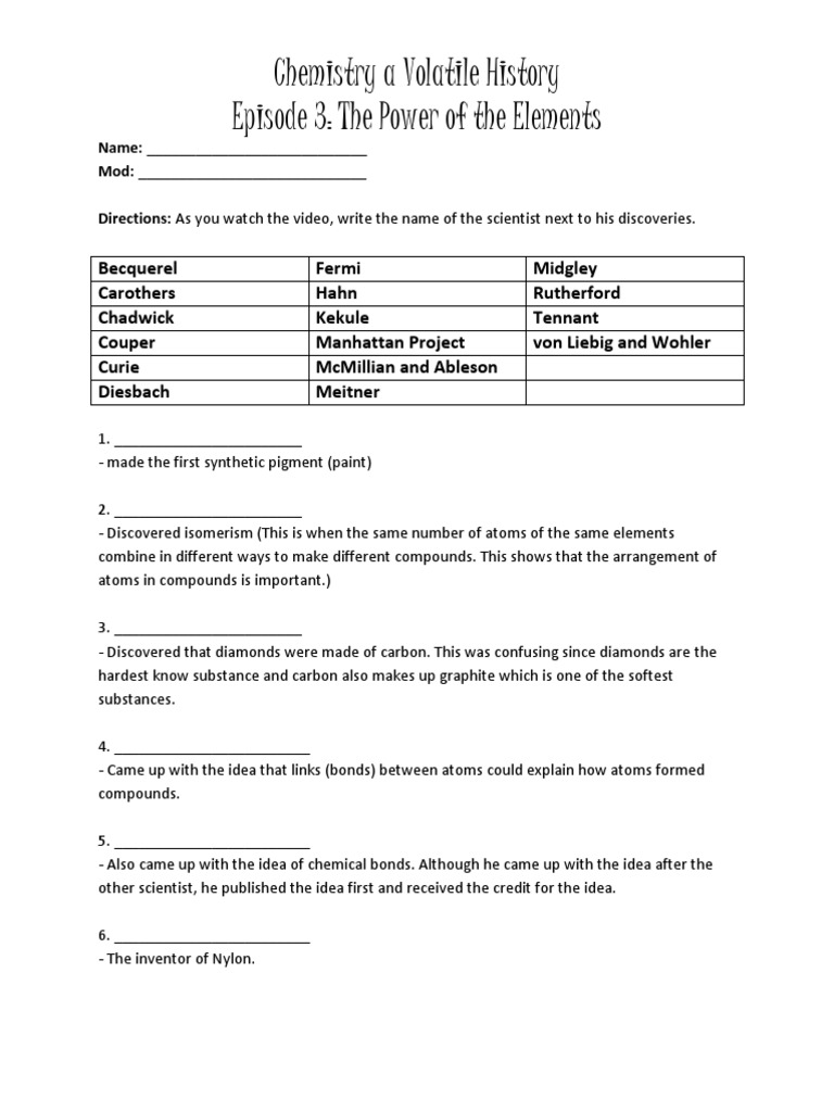 Chemistry A Volatile History Episode Three Handout | PDF | Chemical ...