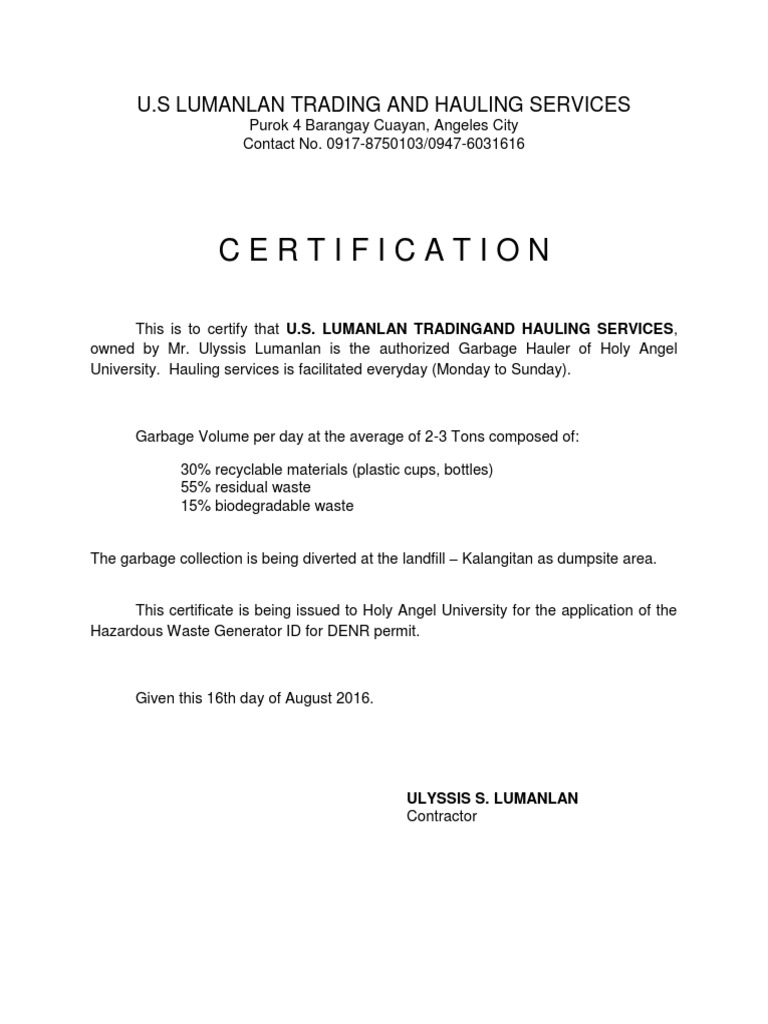Certificate of HAULING CERTIFICATE | PDF