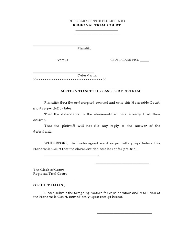 Motion to Set Case for Pre-trial Motion to Set Case for Pre-trial