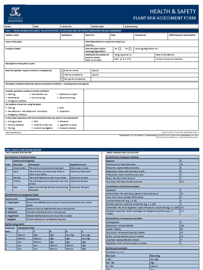 Plant Risk Assessment Form | PDF | Occupational Safety And Health | Risk