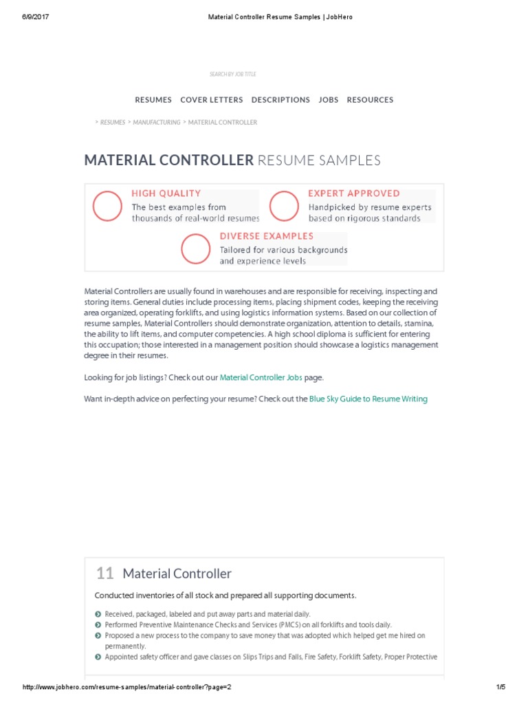 Material Controller Resume Samples | PDF | Résumé | Warehouse