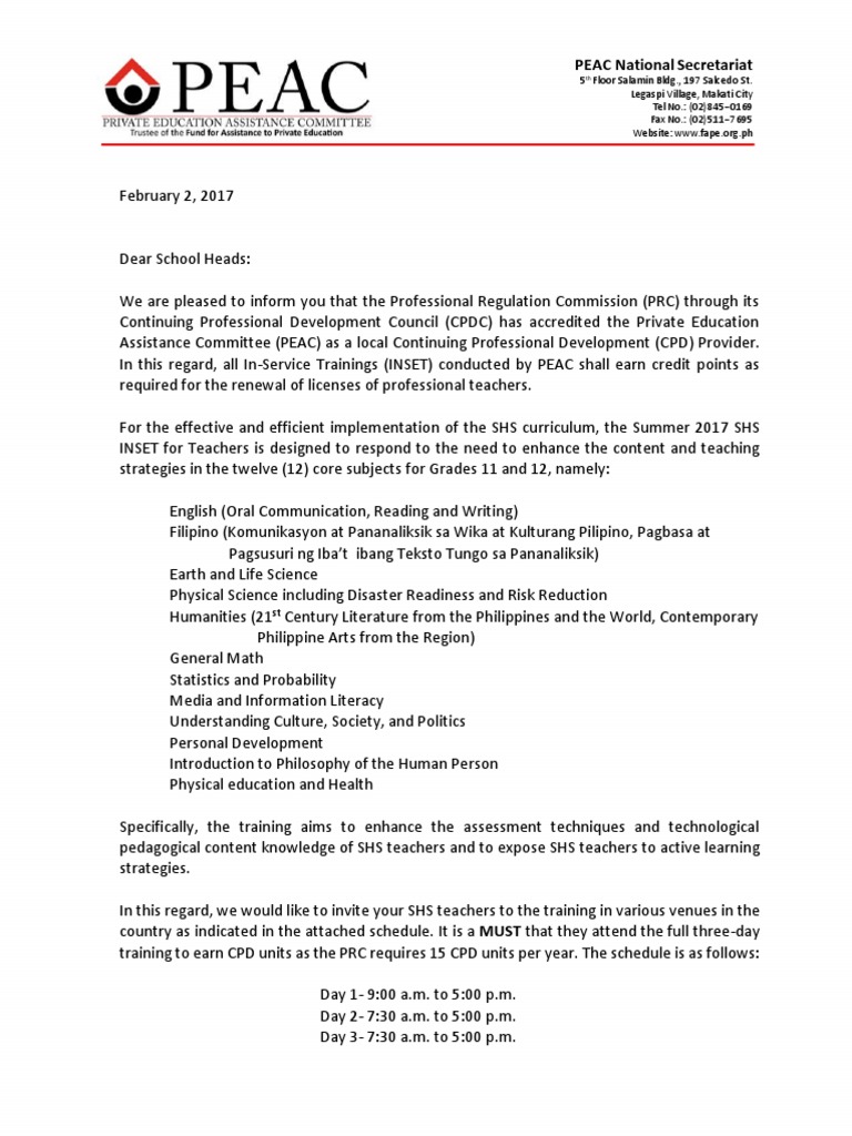 2017 SHS INSET letter to schools.pdf | Professional Development ...