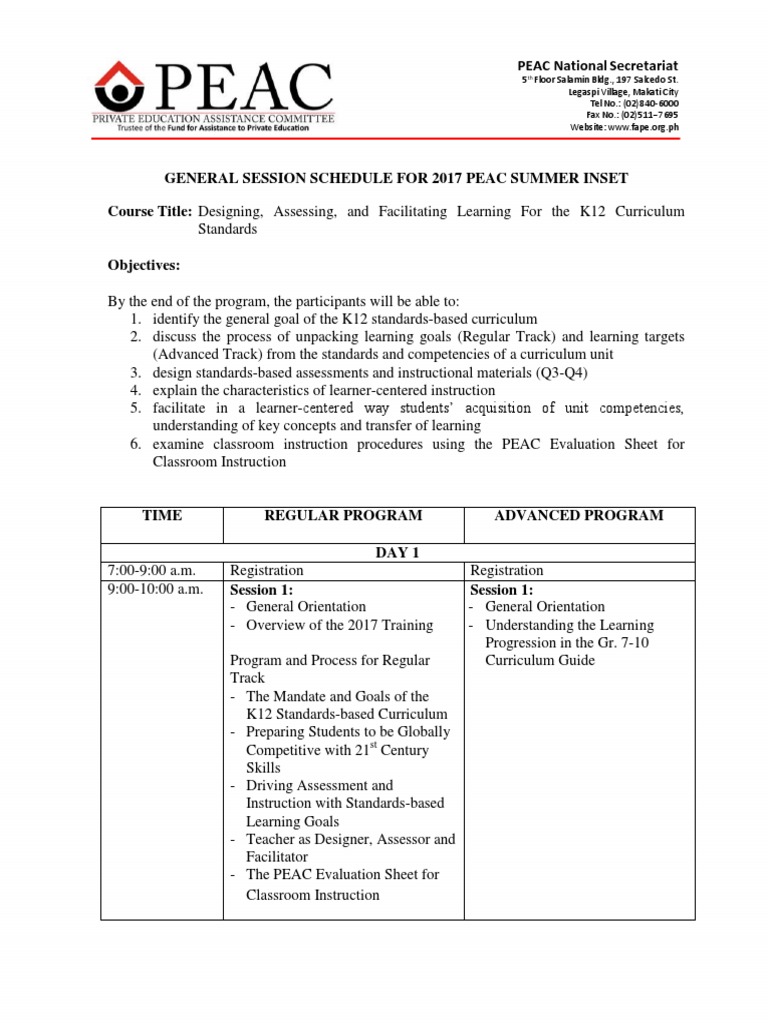 2017 General Sched For PEAC Summer INSET | PDF | Educational Assessment ...
