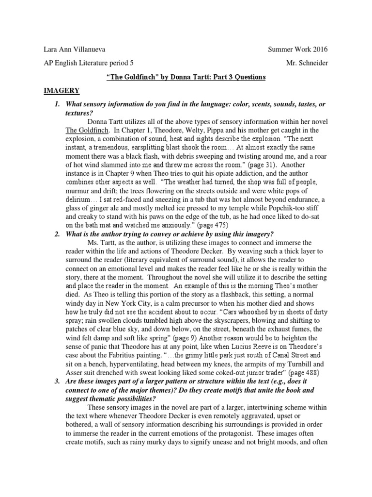 "The Goldfinch" by Donna Tartt: Part 3 Questions Imagery | PDF ...