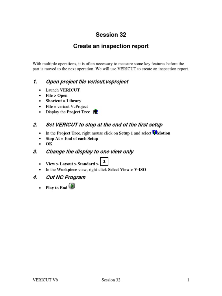Session 32 Create An Inspection Report: 1. Open Project File Vericut - Vcproject | PDF
