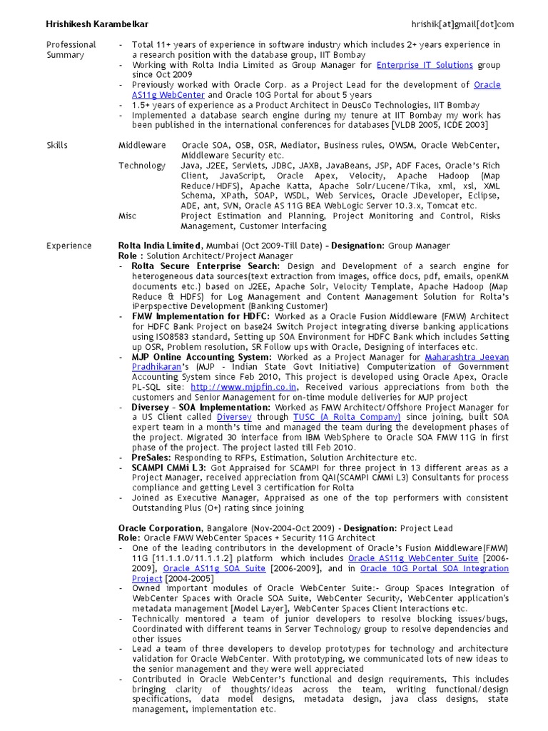 Resume Hrishikesh Karambelkar | PDF | Oracle Corporation | Service Oriented Architecture