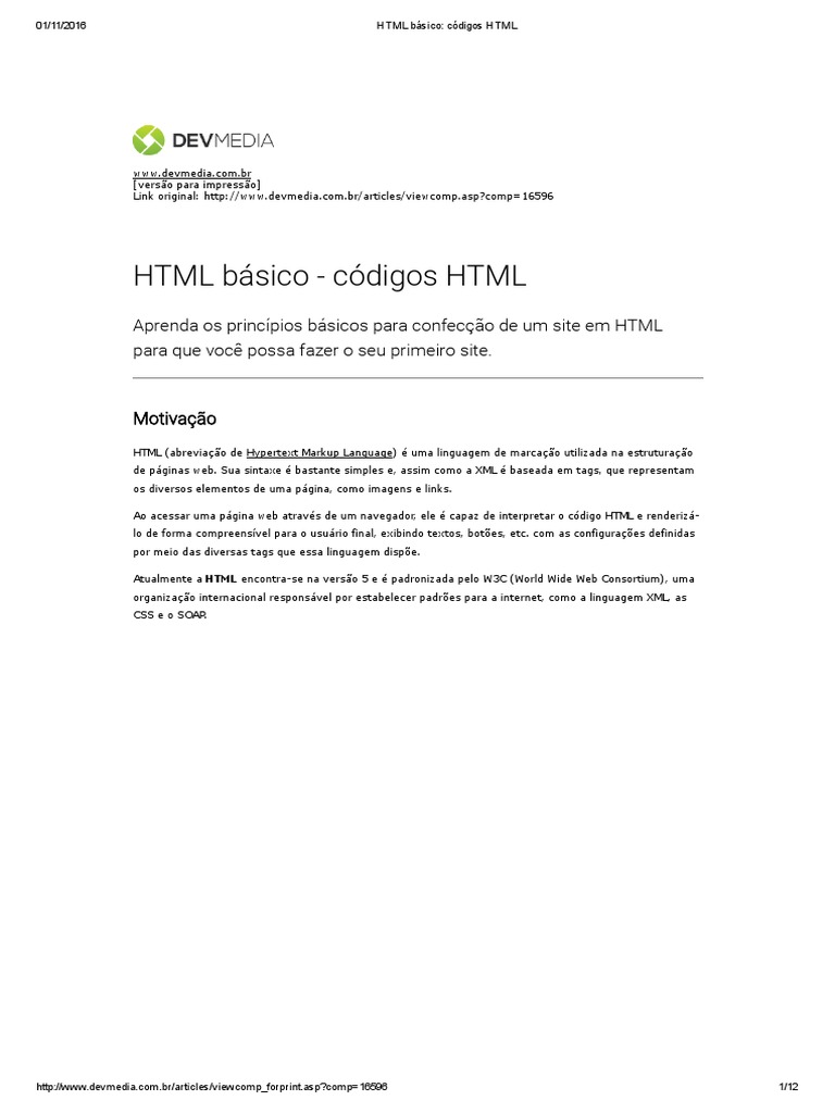 HTML Básico - Códigos HTML | PDF | Html | Navegador da Web