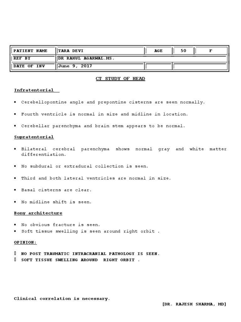 CT Scan Report for 50-Year-Old Female with Soft Tissue Swelling Around ...