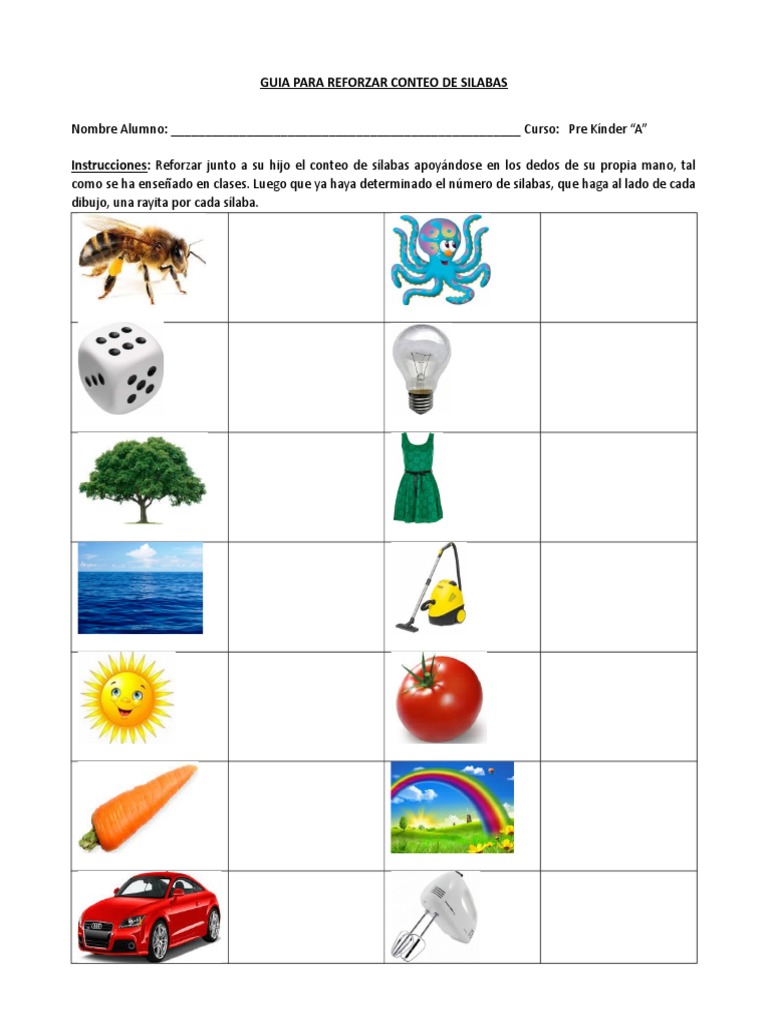 Guia para Reforzar Conteo de Silabas Prekinder | PDF | Artes del ...