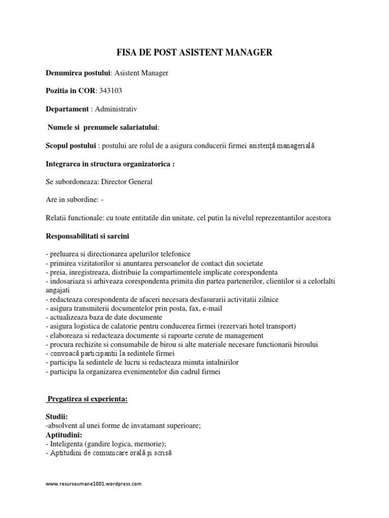 Fisa de Post Asistent Manager PDF | PDF