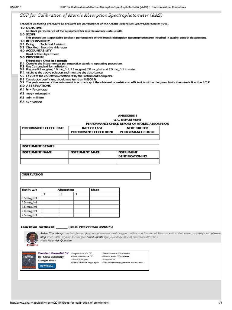 SOP For Calibration of AAS | PDF | Atomic Absorption Spectroscopy ...