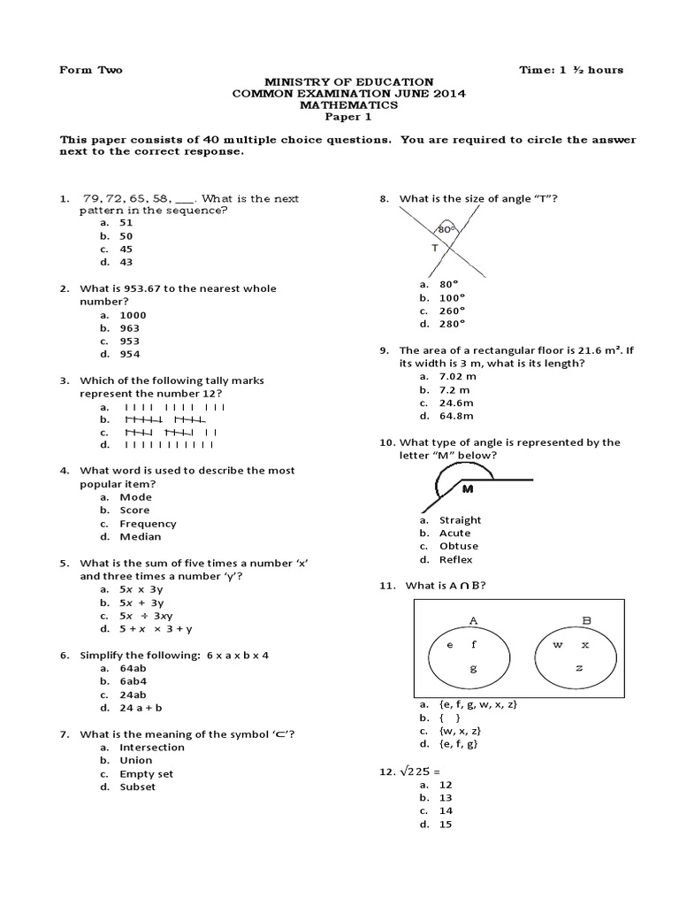 Mathematics - Form 2 - Paper 1 | Download Free PDF | Angle | Geometry