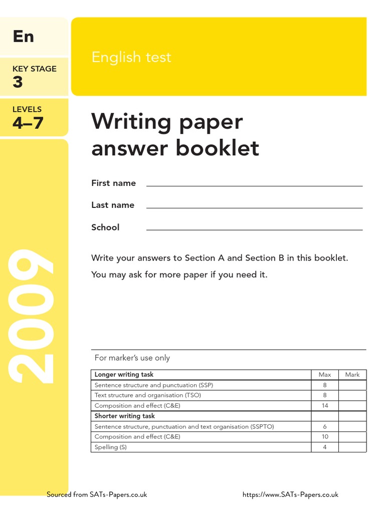 Ks3 English 2009 Writing Paper Answer Booklet | PDF | Standardized ...