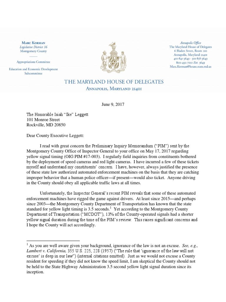 Red Light Camera Letter to Leggett | Traffic Light | National Security ...