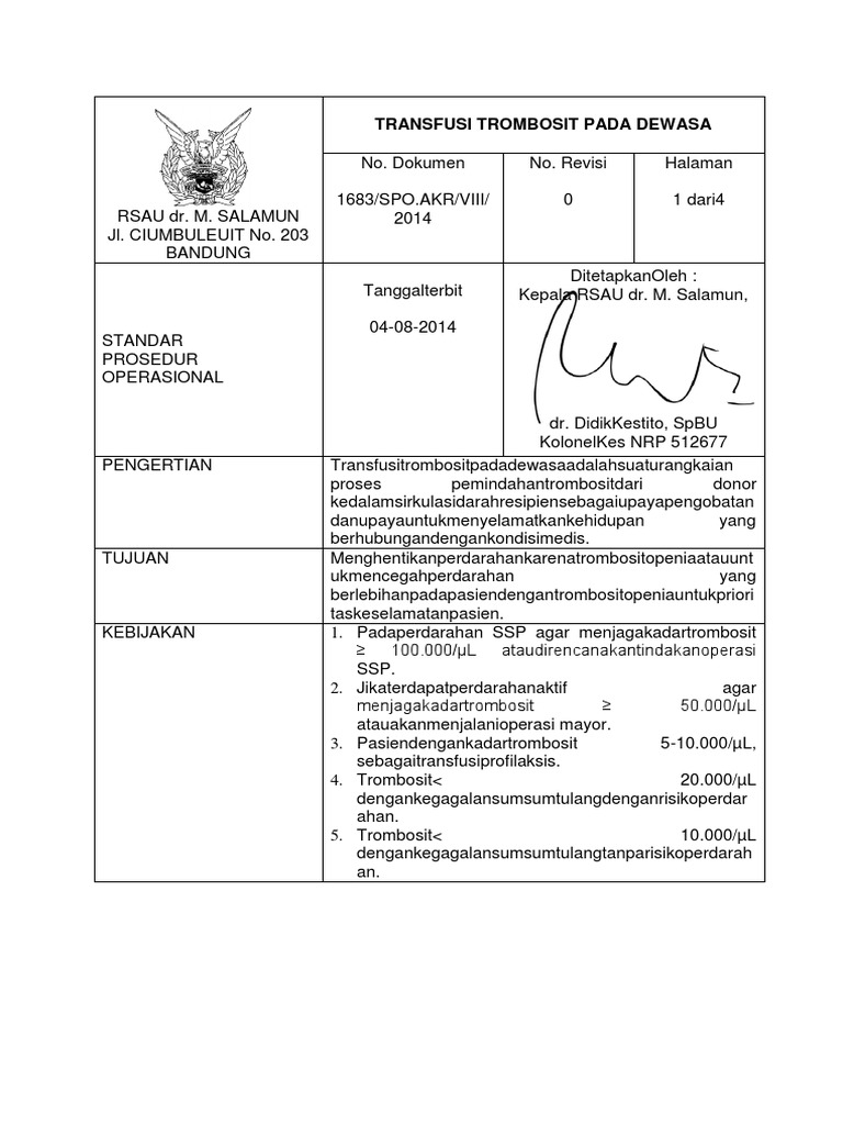 Prosedur Transfusi Trombosit Dewasa | PDF