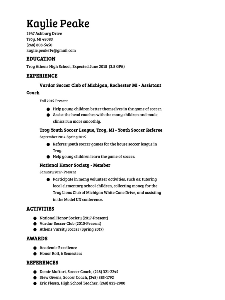 Kaylie Peake's Soccer Coaching Resume | PDF
