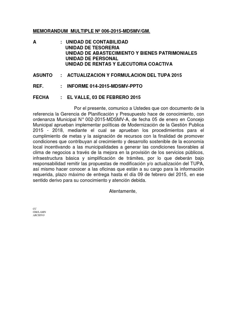 Memorandum Multiple #006-2015-Mdsmv-gm-Actualizacion y Formulacion Del Tupa 2015 A Las Unidades ...