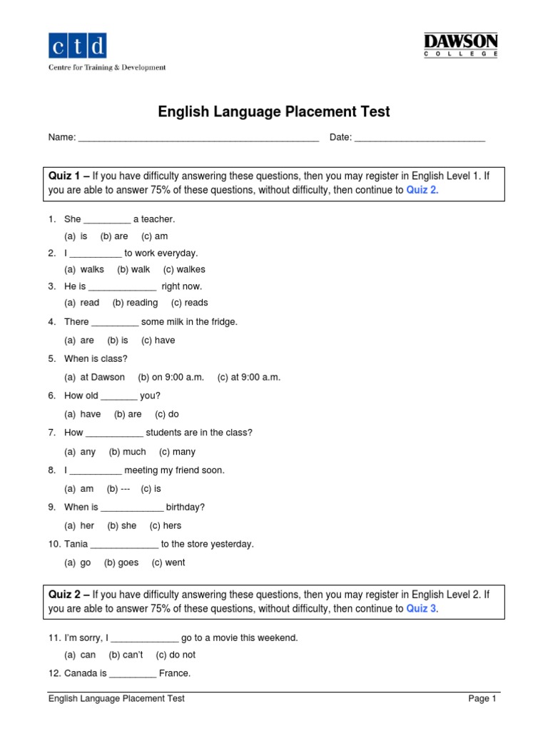 English Language Placement Test | PDF | Leisure
