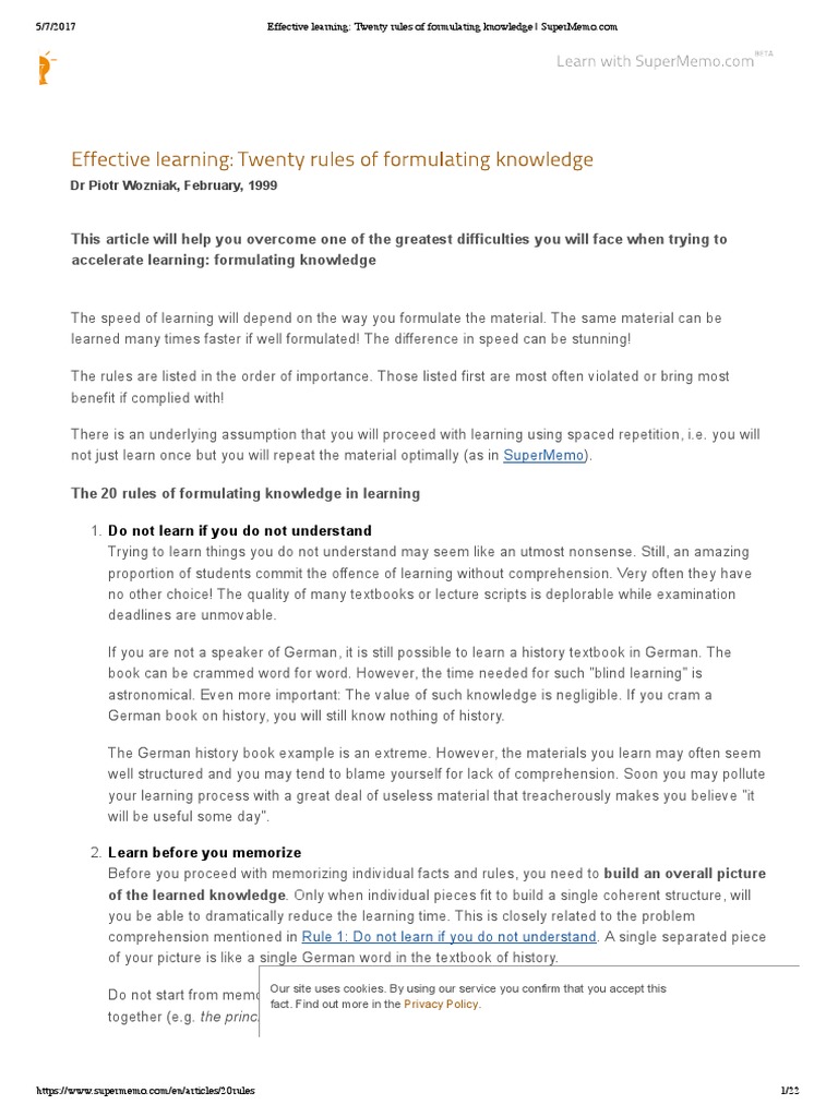 Effective Learning - Twenty Rules of Formulating Knowledge | PDF | Dead Sea | Internet Privacy