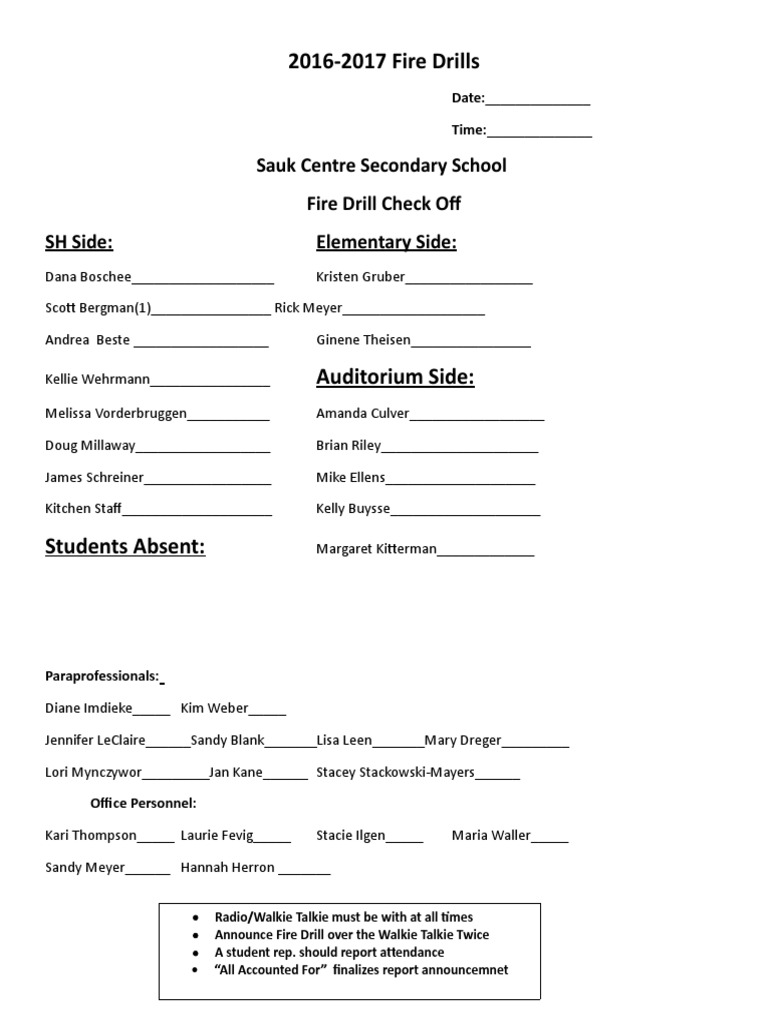 16-17 Fire Drill Roster | PDF