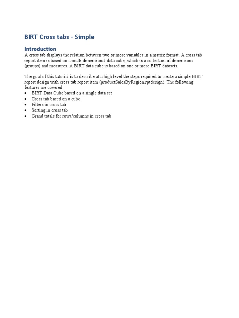 Simple BIRT Cross Tab Report Guide | PDF | Data Set | Hierarchy