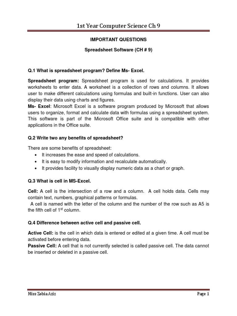 CH 9 Spreadsheet Notes | PDF | Spreadsheet | Microsoft Excel
