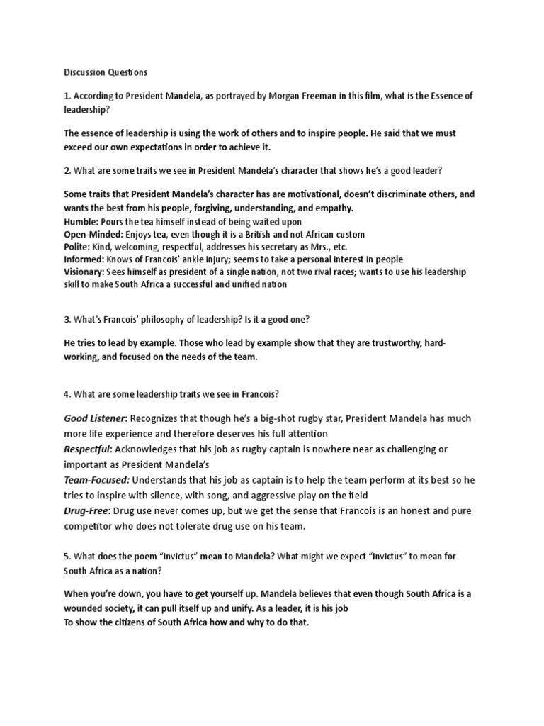 Invictus Discussion Questions | PDF | Self-Improvement