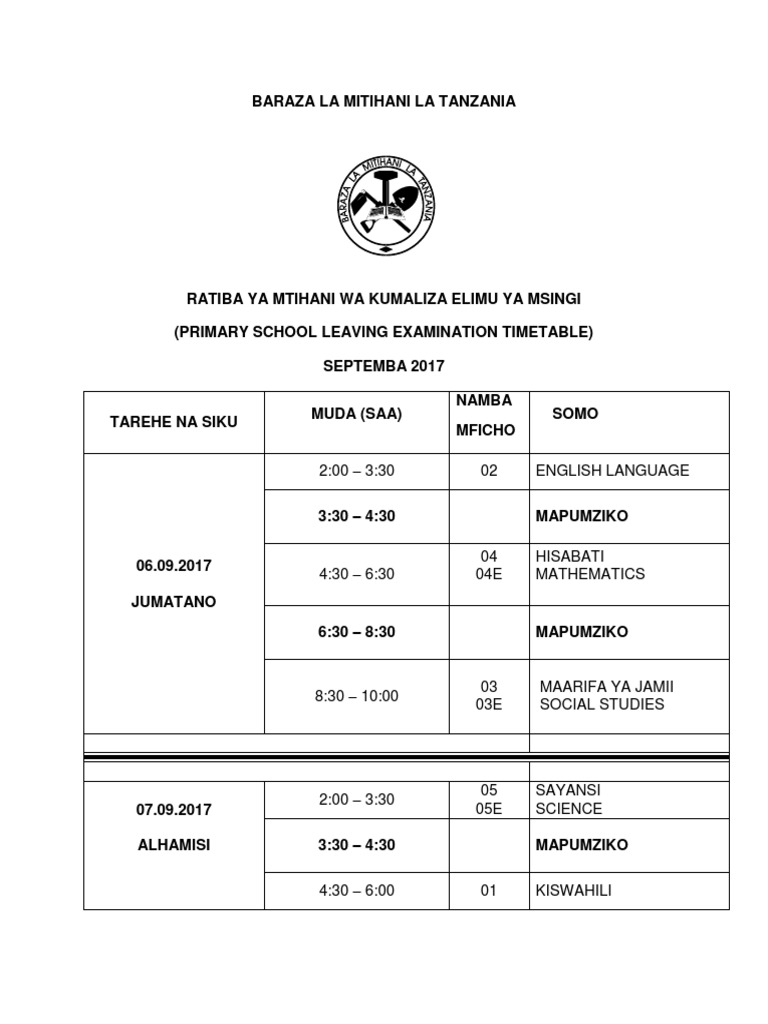 NECTA PRIMARY SCHOOL LEAVING EXAMINATION TIMETABLE - Psle 2017 | PDF