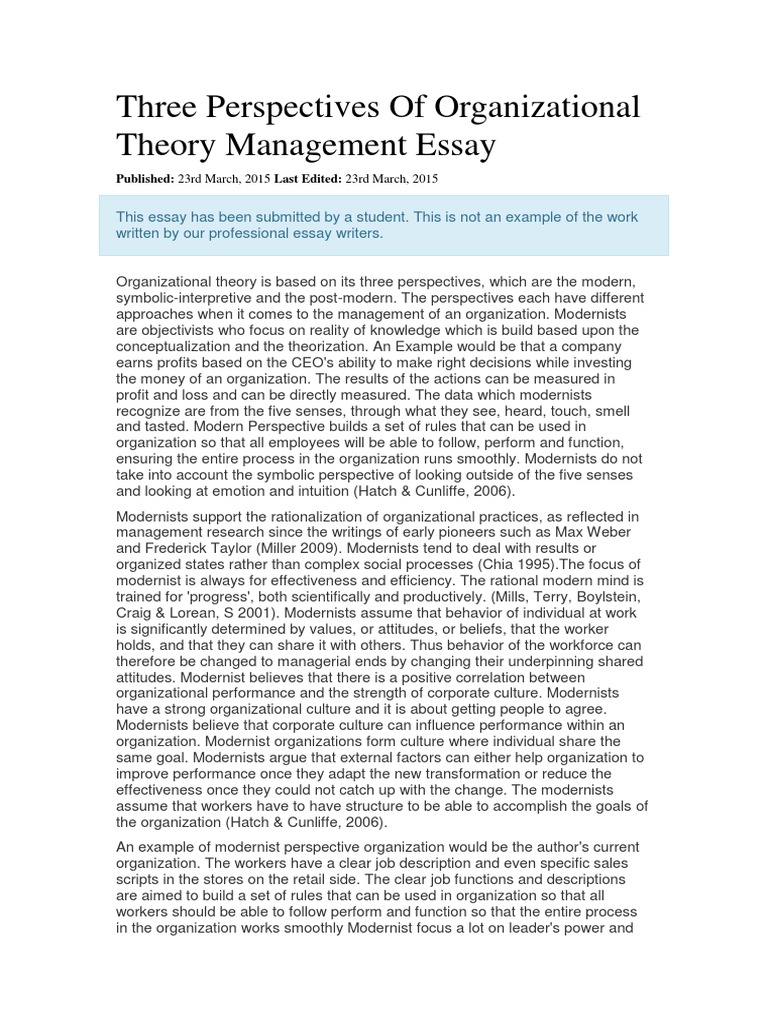 Three Perspectives of Organizational Theory Management Essay | PDF ...